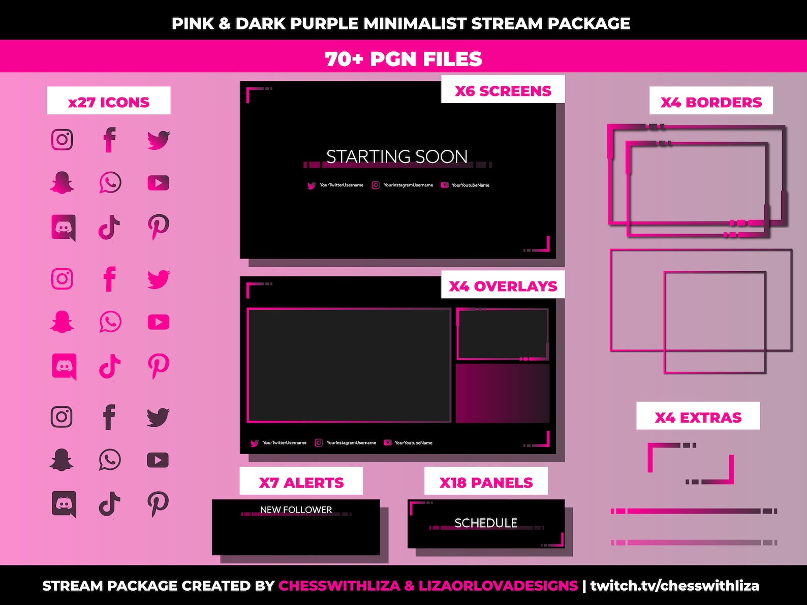 Pink Purple Stream Package Overlays, Scenes, Panels, Alerts Social ...