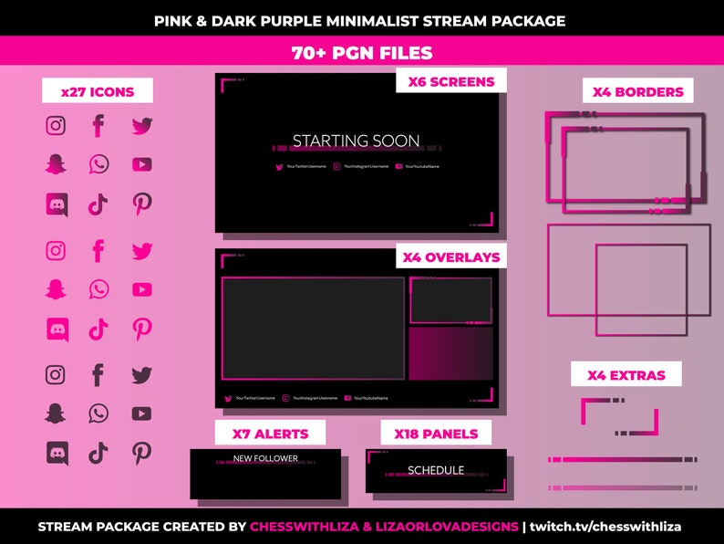 Pink Purple Stream Package | Overlays, Scenes, Panels, Alerts + Social ...