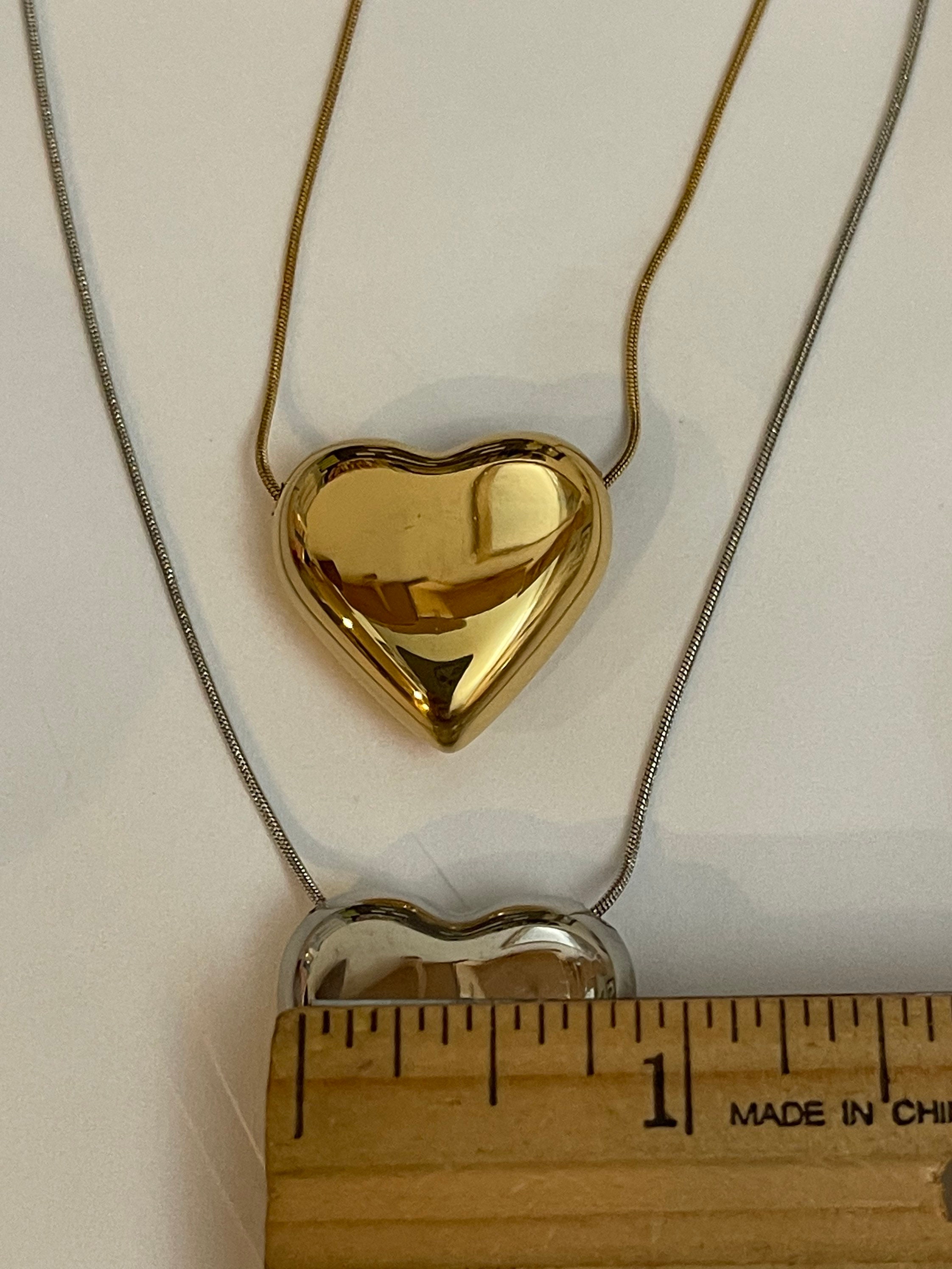Big Heart Necklace Puffed Heart Pendant Snake Chain Stainless - Etsy