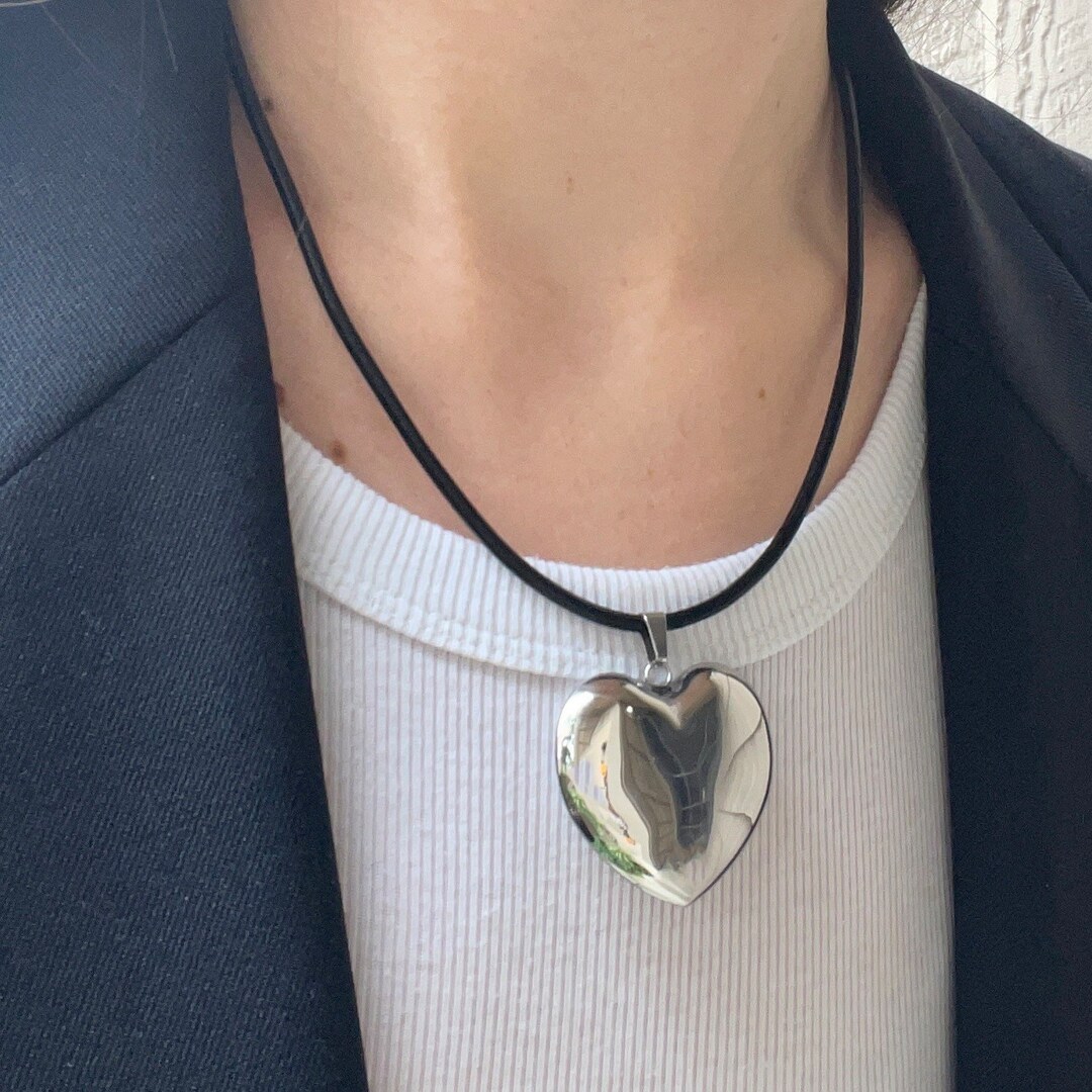 Big Puffed Heart Silver Leather Black Cord Necklace String - Etsy
