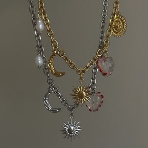 Karma Charm Necklace Stainless Steel Puffed Heart Moon Sun Charm Link ...