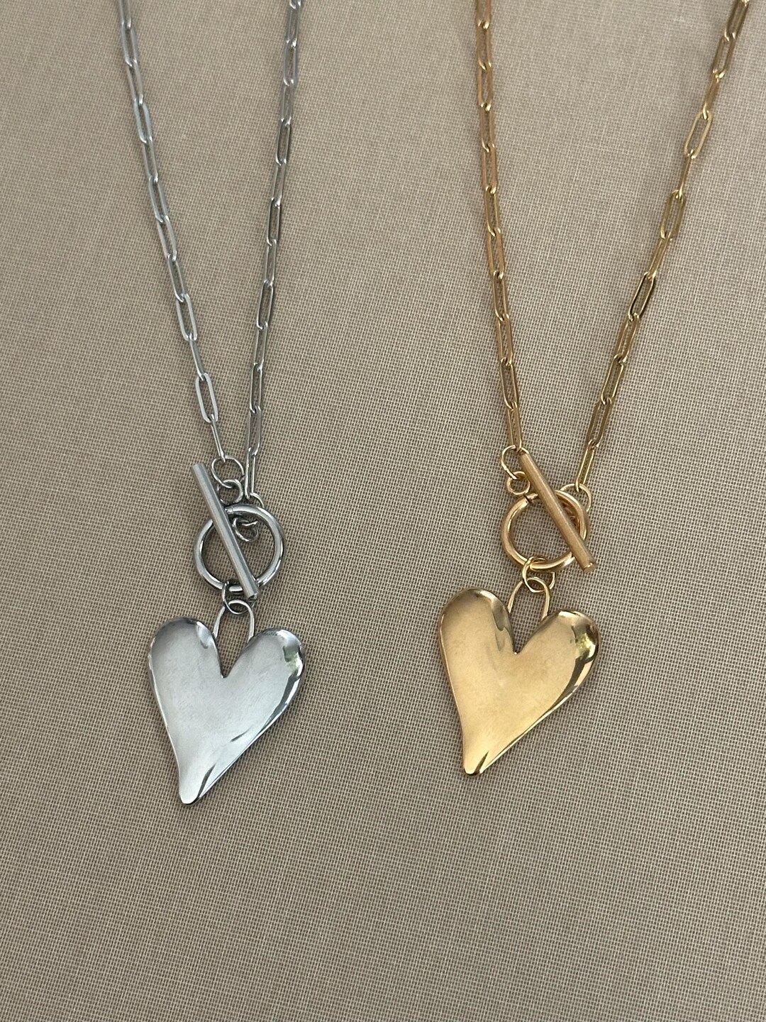 Heart Toggle Paperclip Chain Link Necklace 18k Gold Stainless Steel ...