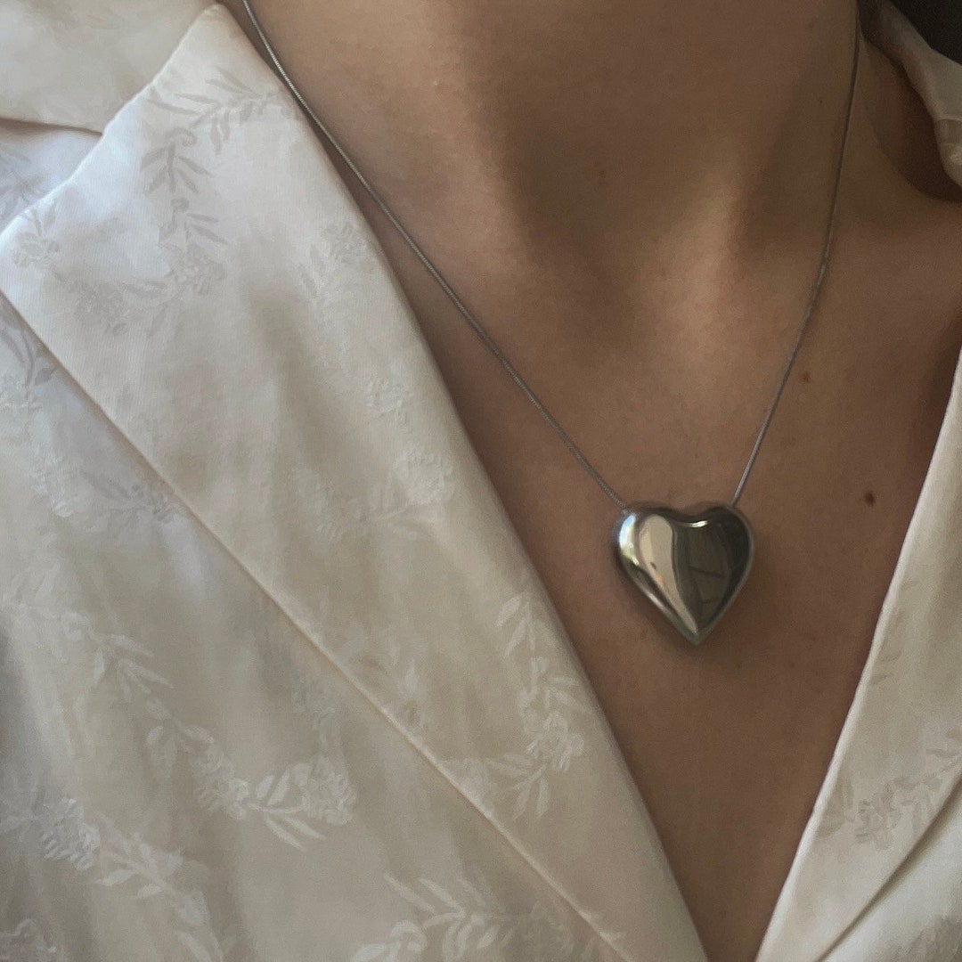 Big Heart Necklace Puffed Heart Pendant Snake Chain Stainless Steel ...