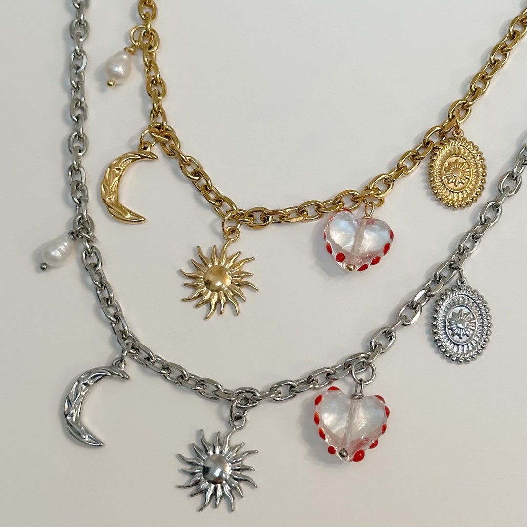 Karma Charm Necklace Stainless Steel Puffed Heart Moon Sun Charm Link ...