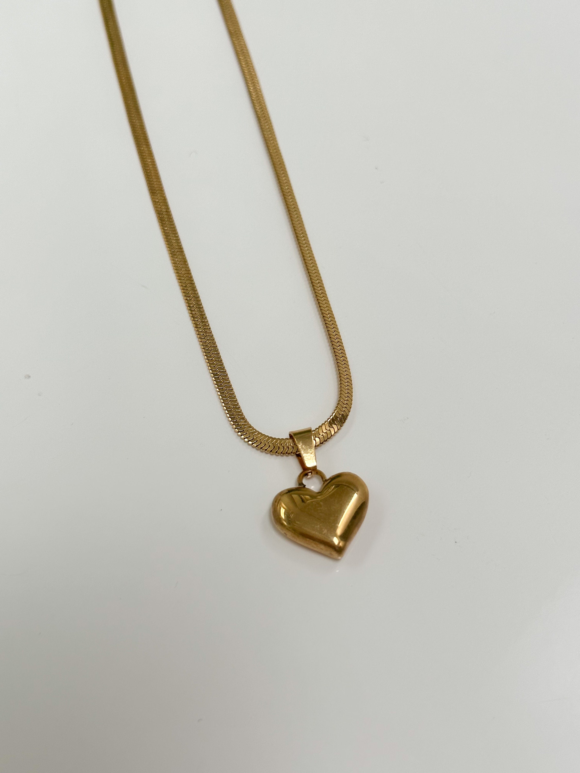 Puffy Heart Herringbone Necklace Puffed Heart Pendant Gold Stainless ...