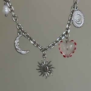 Karma Charm Necklace Stainless Steel Puffed Heart Moon Sun Charm Link ...