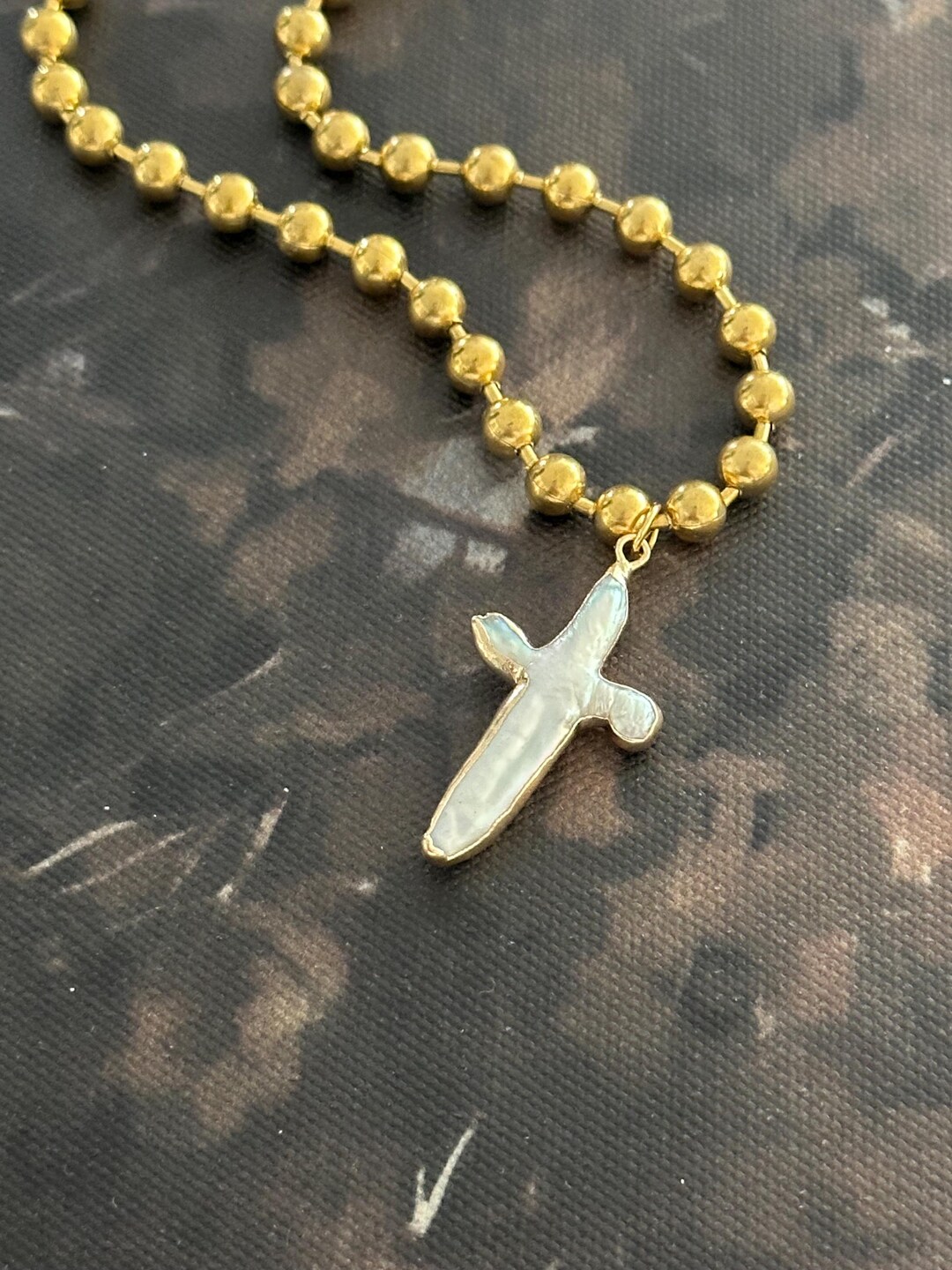 Oversized Ball Chain Necklace 18k Gold Stainless Steel Pearl Cross ...