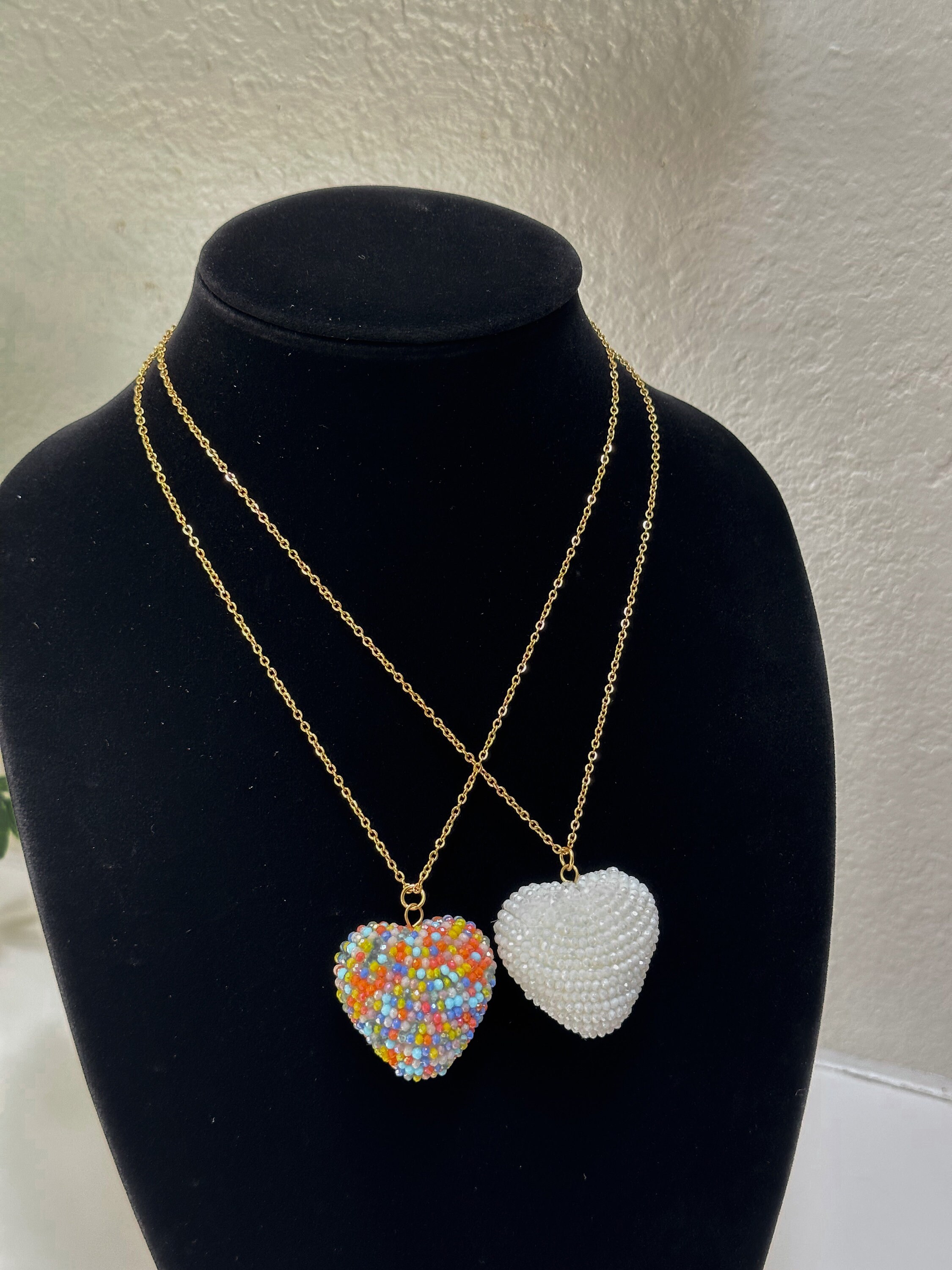 Beaded Puffed Heart Gold Filled Necklace Bead Heart Sparkle Multicolor ...