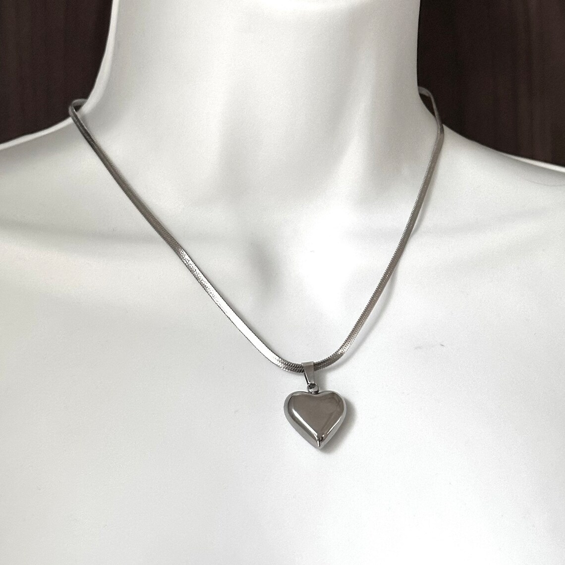 Puffy Heart Herringbone Necklace Puffed Heart Pendant Silver Solid ...