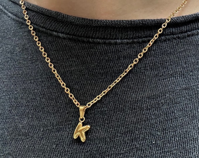 Puffy Initial Mini Bubble Letter Gold Filled Chain Necklace Stainless ...