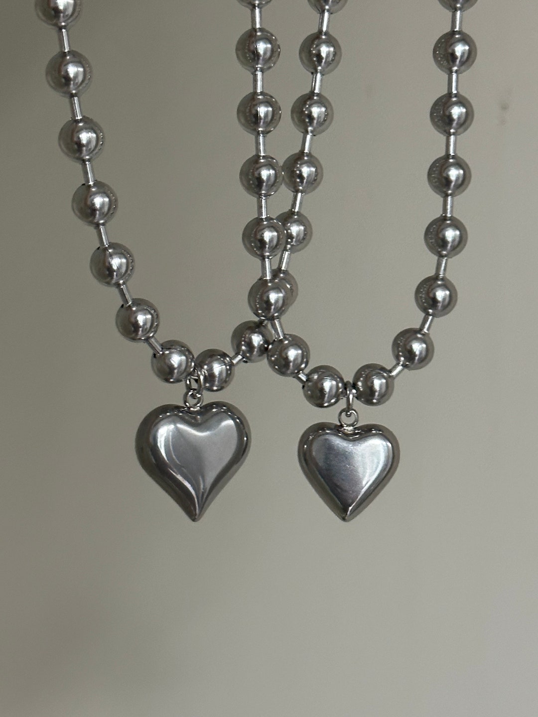 Puffy Heart Large Ball Chain Stainless Steel Heart Pendant Necklace ...