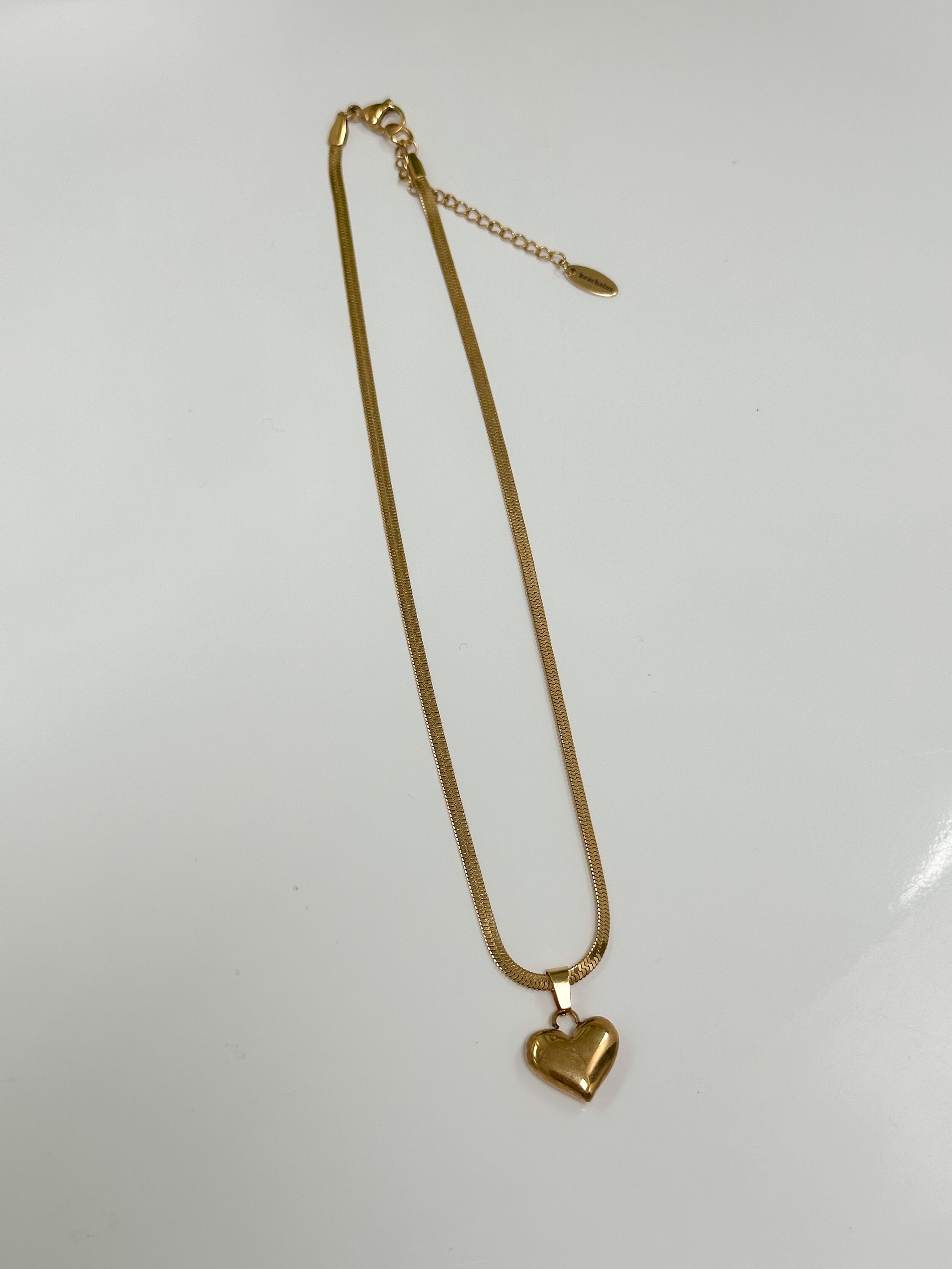 Puffy Heart Herringbone Necklace Puffed Heart Pendant Gold Stainless ...