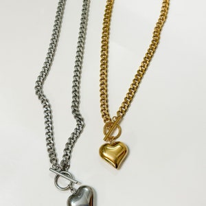 Silver Puffed Heart Pendant Toggle Necklace Chunky Jewelry Statement 3D ...