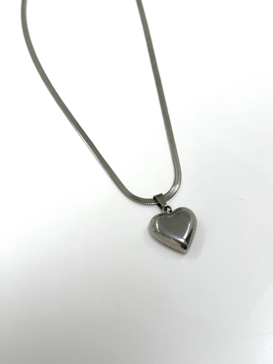 Puffy Heart Herringbone Necklace Puffed Heart Pendant Silver Solid ...