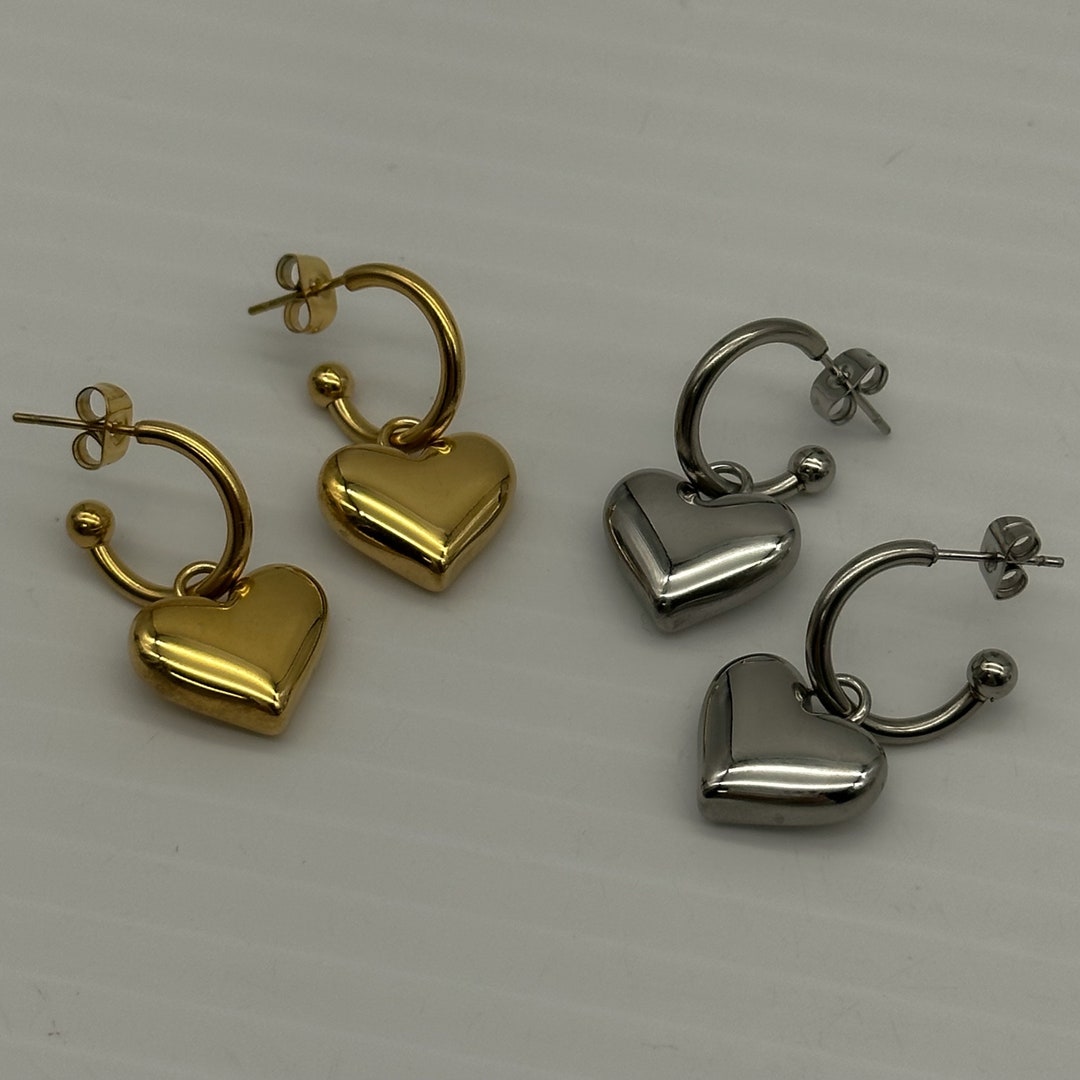 Puffed Heart Hoop Drop Earrings Gold Silver Hoops Heart Earrings ...