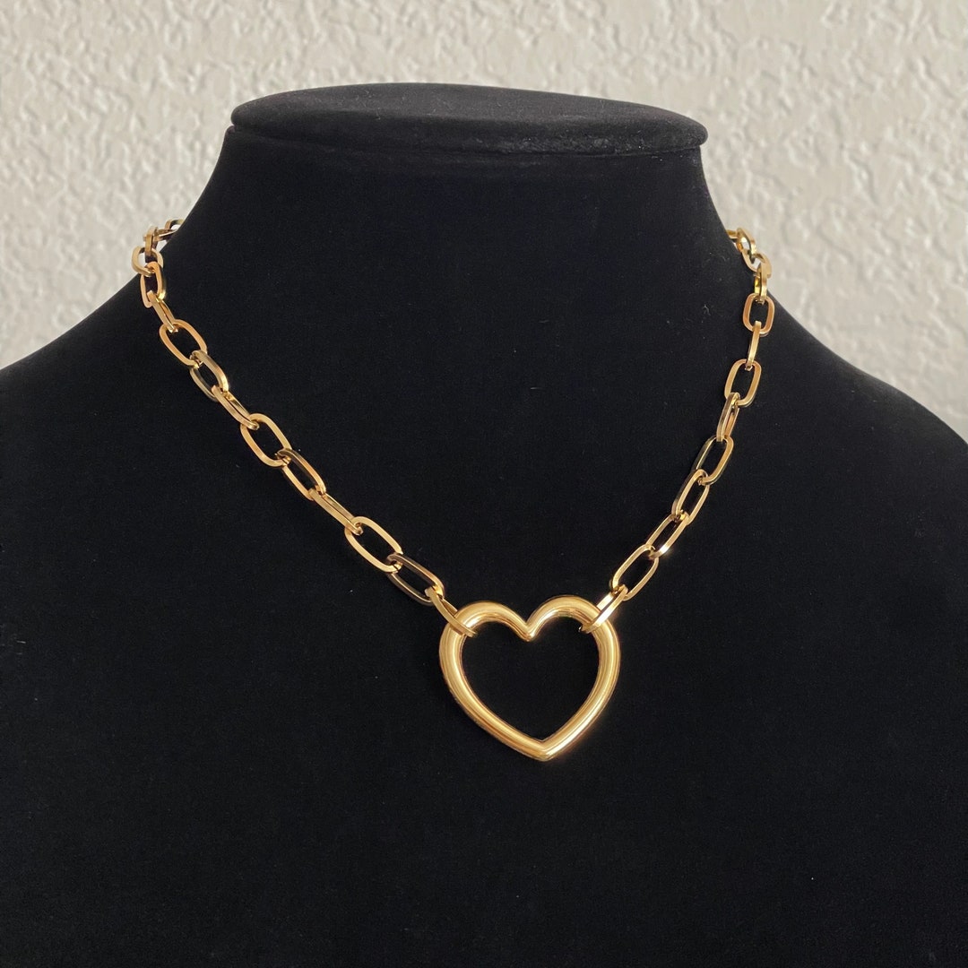Big Heart Pendant Gold Necklace Chunky Jewelry Statement Outlined Heart ...