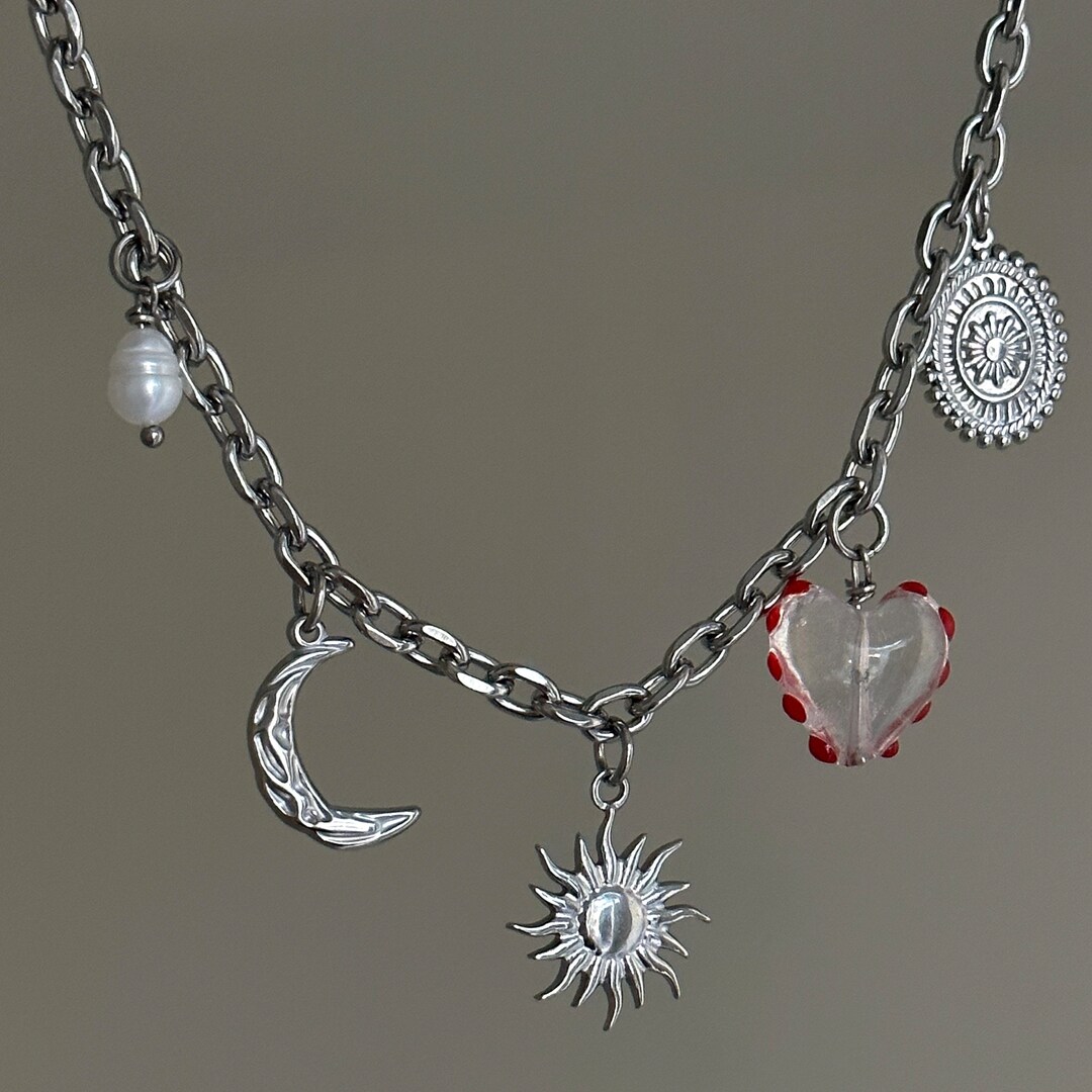 Karma Charm Necklace Stainless Steel Puffed Heart Moon Sun Charm Gift ...