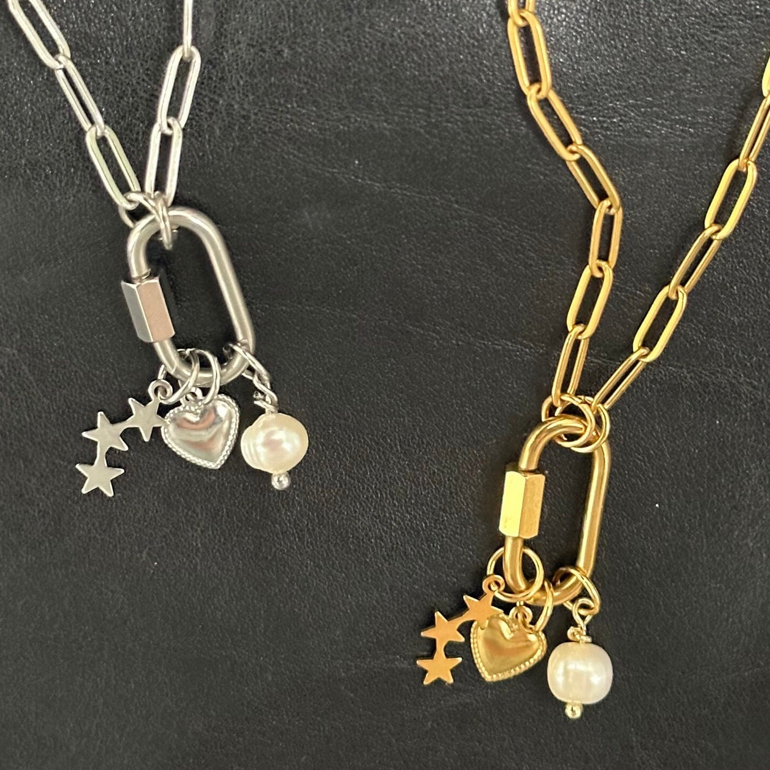 Mini Carabiner Clip Link Chain Necklace Gold Charms Stainless Steel ...