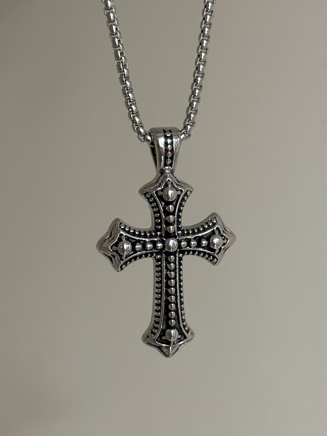 Big Gothic Cross Necklace Box Chain Silver Stainless Steel Y2K Chrome ...