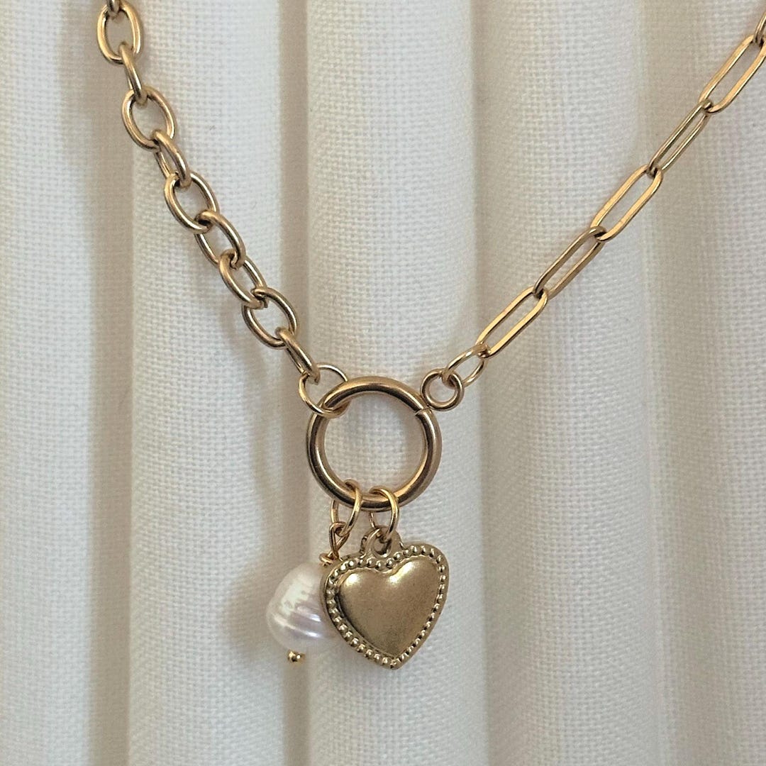 Half and Half Paperclip Heart Pearl Necklace Stainless Steel Tarnish ...
