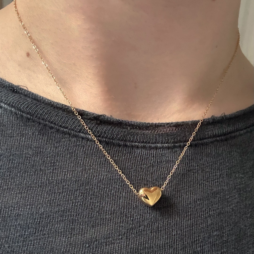 Mini Puffed Heart Necklace Puffy Chunky Heart Pendant Link Chain 18k ...