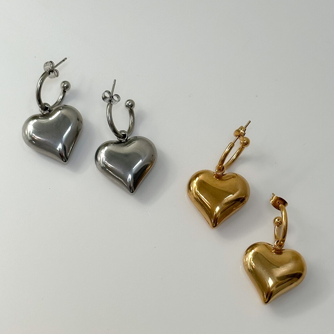 Puffed Heart Hoop Drop Earrings Gold Silver Hoops Heart Earrings ...