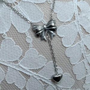 Mini Bow Drop Heart Necklace Puffy Heart Pendant Link Chain Silver ...