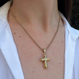 Big Gold Puffy Cross Box Chain Necklace Puffed Cross 3D Cross Pendant ...