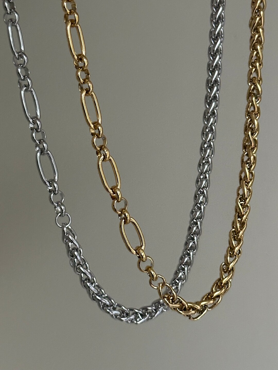 Half and Half 18k Gold Link Chain Necklace Stainless Steel Tarnish ...