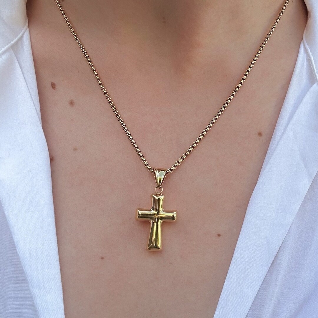 Big Gold Puffy Cross Box Chain Necklace Puffed Cross 3D Cross Pendant ...
