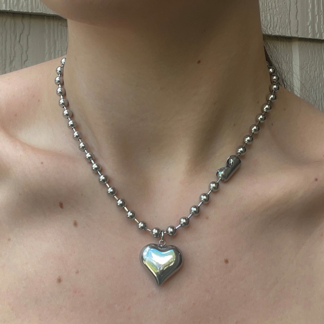 Silver Puffed Heart Ball Chain Stainless Steel Heart Pendant Necklace ...