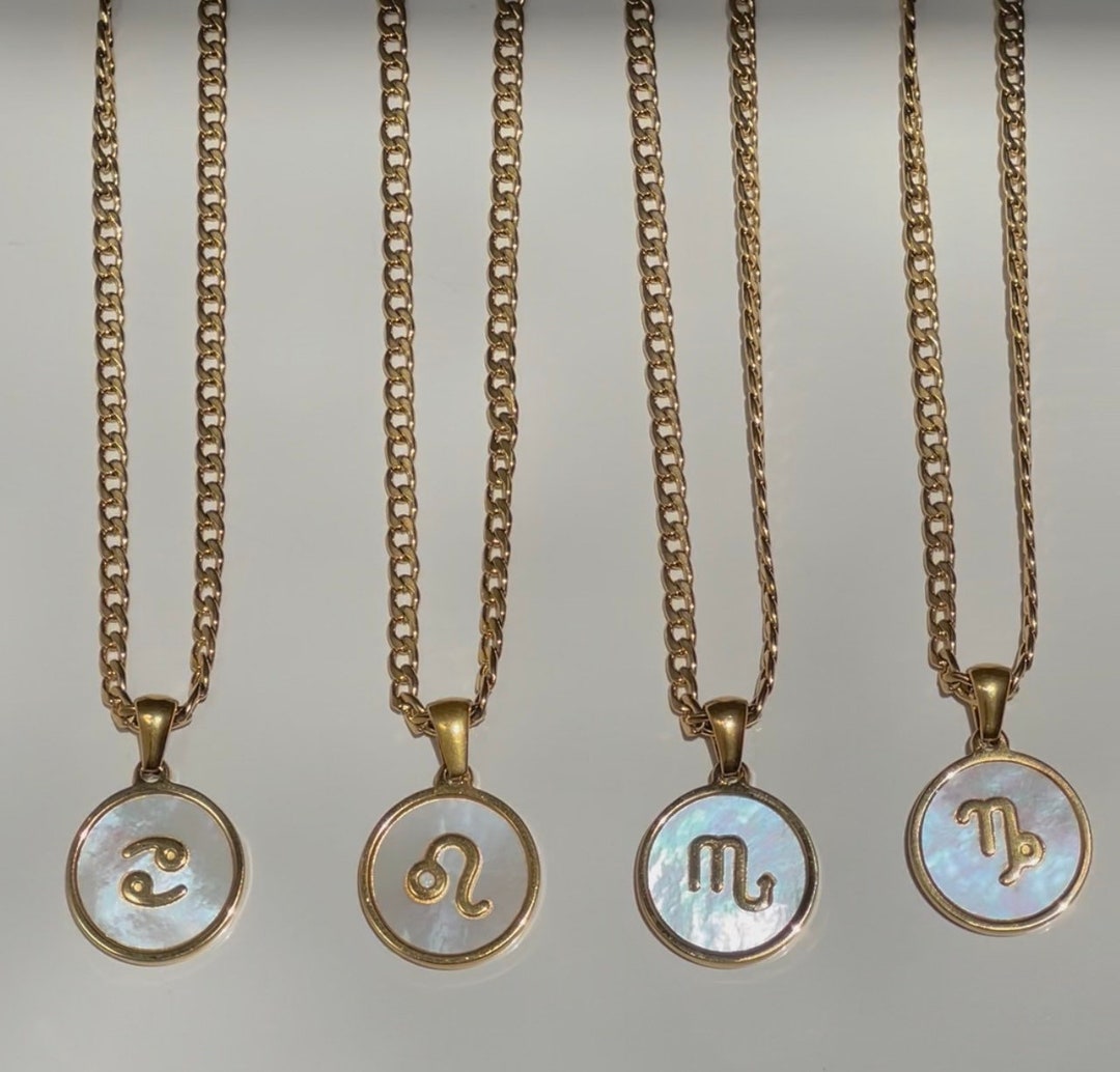 Zodiac Necklace 18k Gold Filled Cuban Link Chain Natural Shell Zodiac ...
