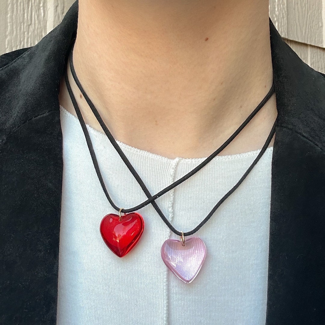 Puffed Heart String Necklace Black Cord Long Wrap Tie Choker Red Pink ...