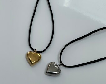 Gold Puffed Heart String Necklace Black Cord Long Wrap Tie Choker XL or ...