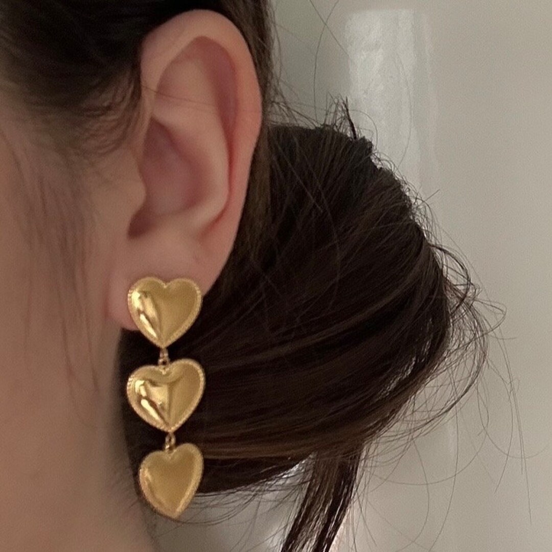 Puffed Heart Drop Earrings Triple Heart Earrings Gold Stainless Steel ...