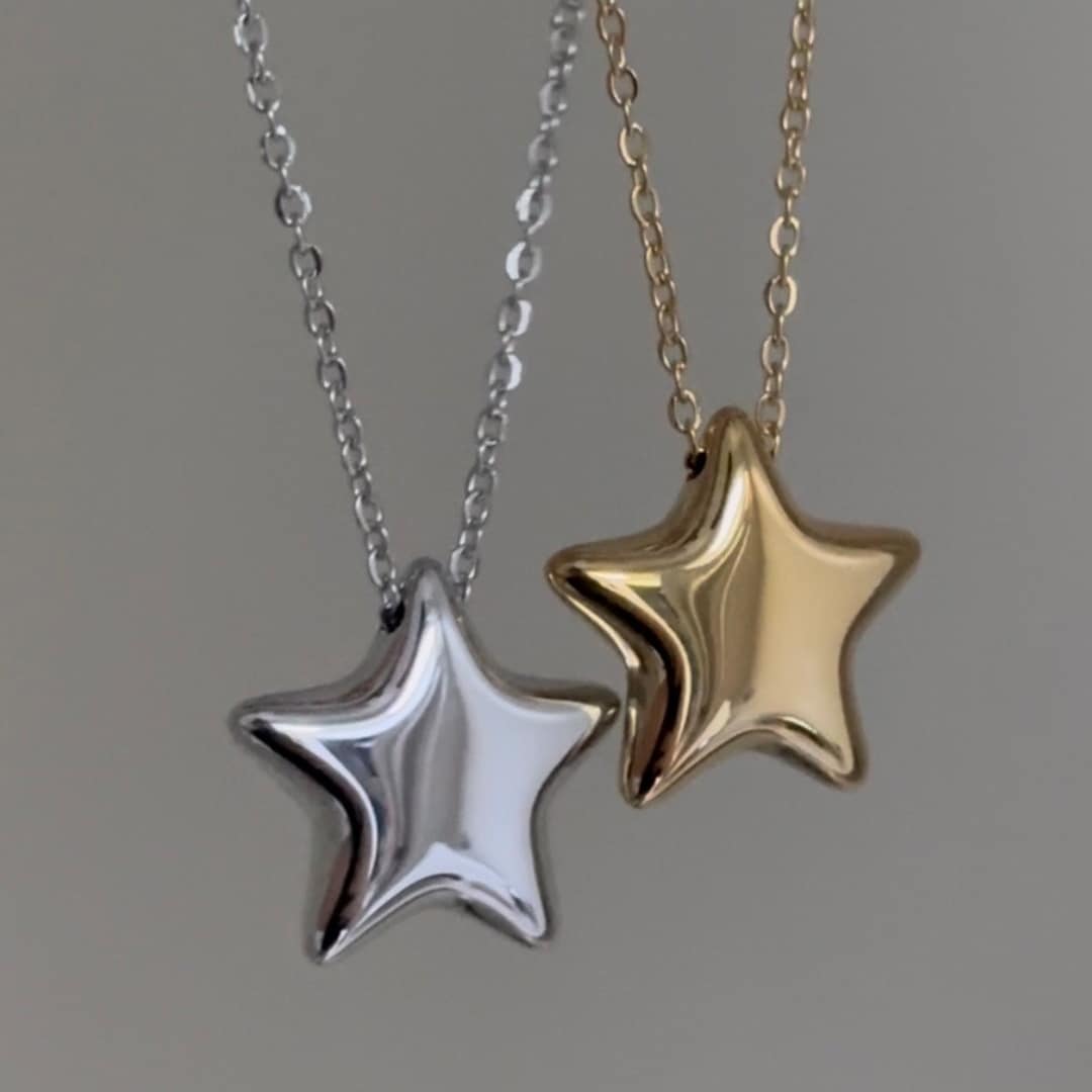 Big Star Necklace Puffed Star Pendant Oval Chain Stainless Steel 18k ...