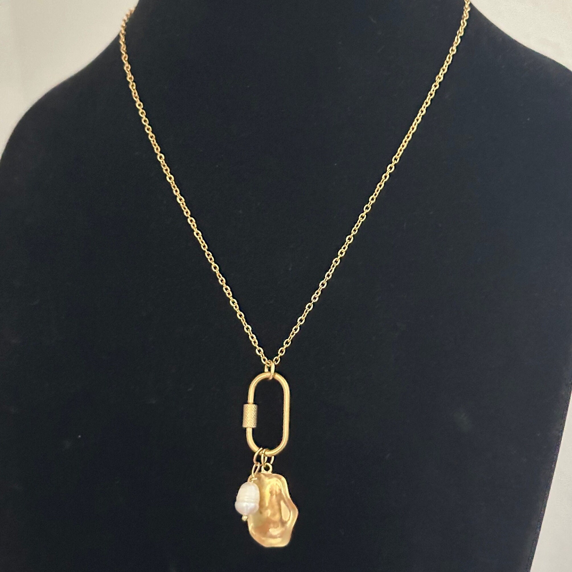 Gold Carabiner Pearl Charm Chain Link Necklace Gold Stainless Steel ...
