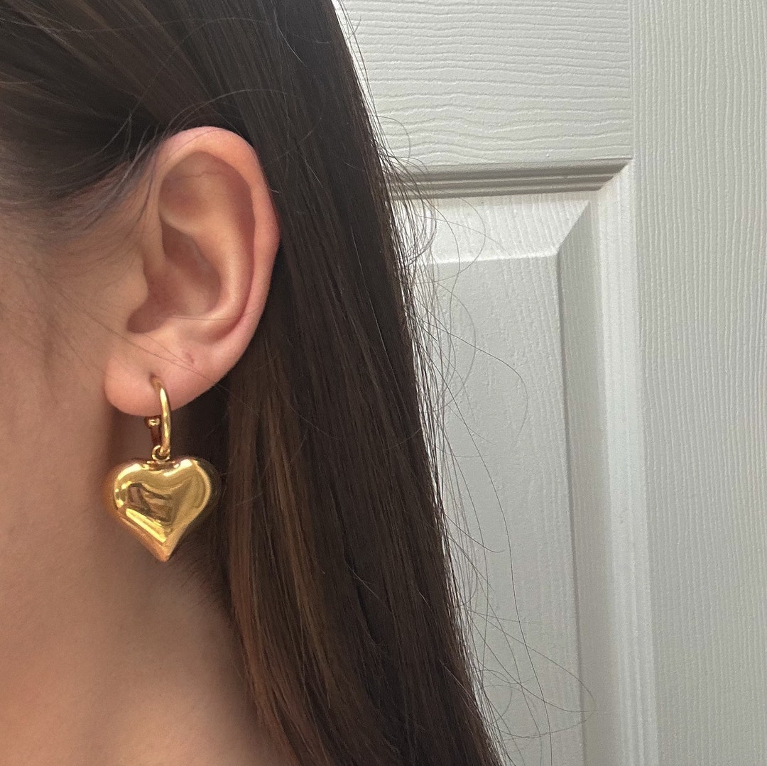 Puffed Heart Hoop Drop Earrings Gold Silver Hoops Heart Earrings ...