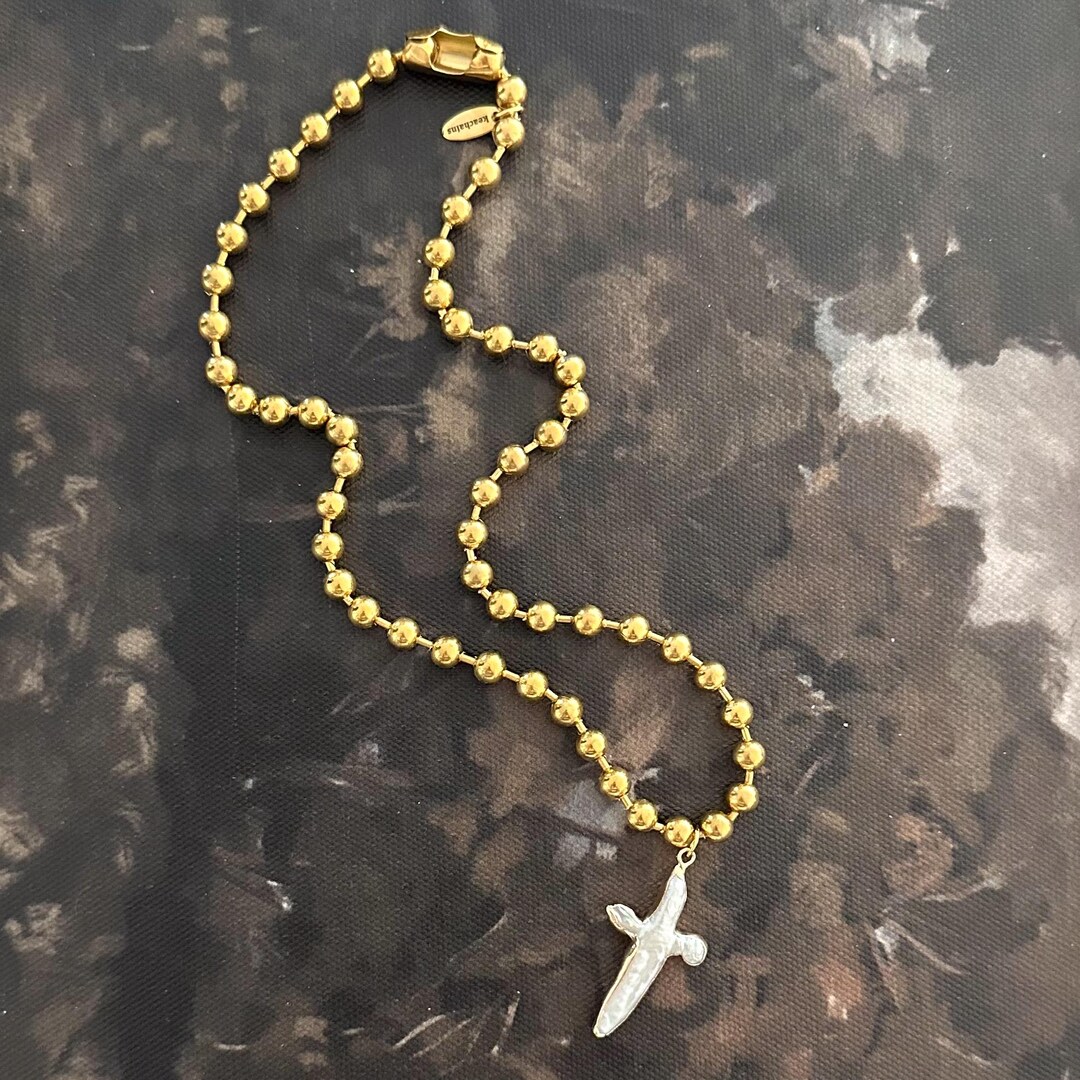 Oversized Ball Chain Necklace 18k Gold Stainless Steel Pearl Cross ...