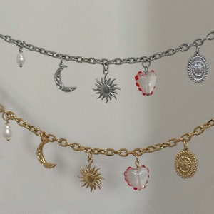 Karma Charm Necklace Stainless Steel Puffed Heart Moon Sun Charm Link ...