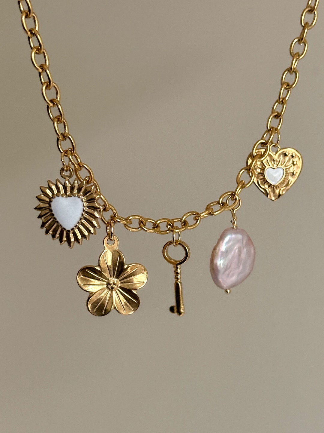 Heart Charm Necklace Stainless Steel Puffed Heart Flower Key Charm Gift ...