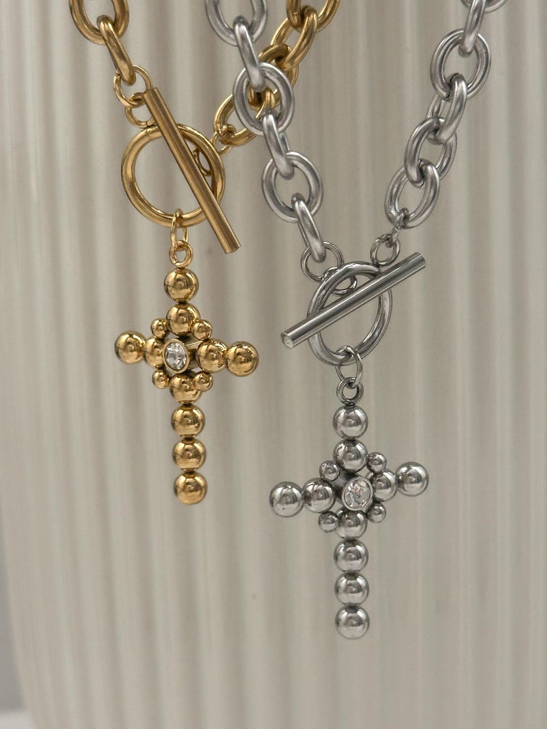 Bubble Cross Pendant Toggle Necklace Chunky Jewelry Statement 3D CZ ...