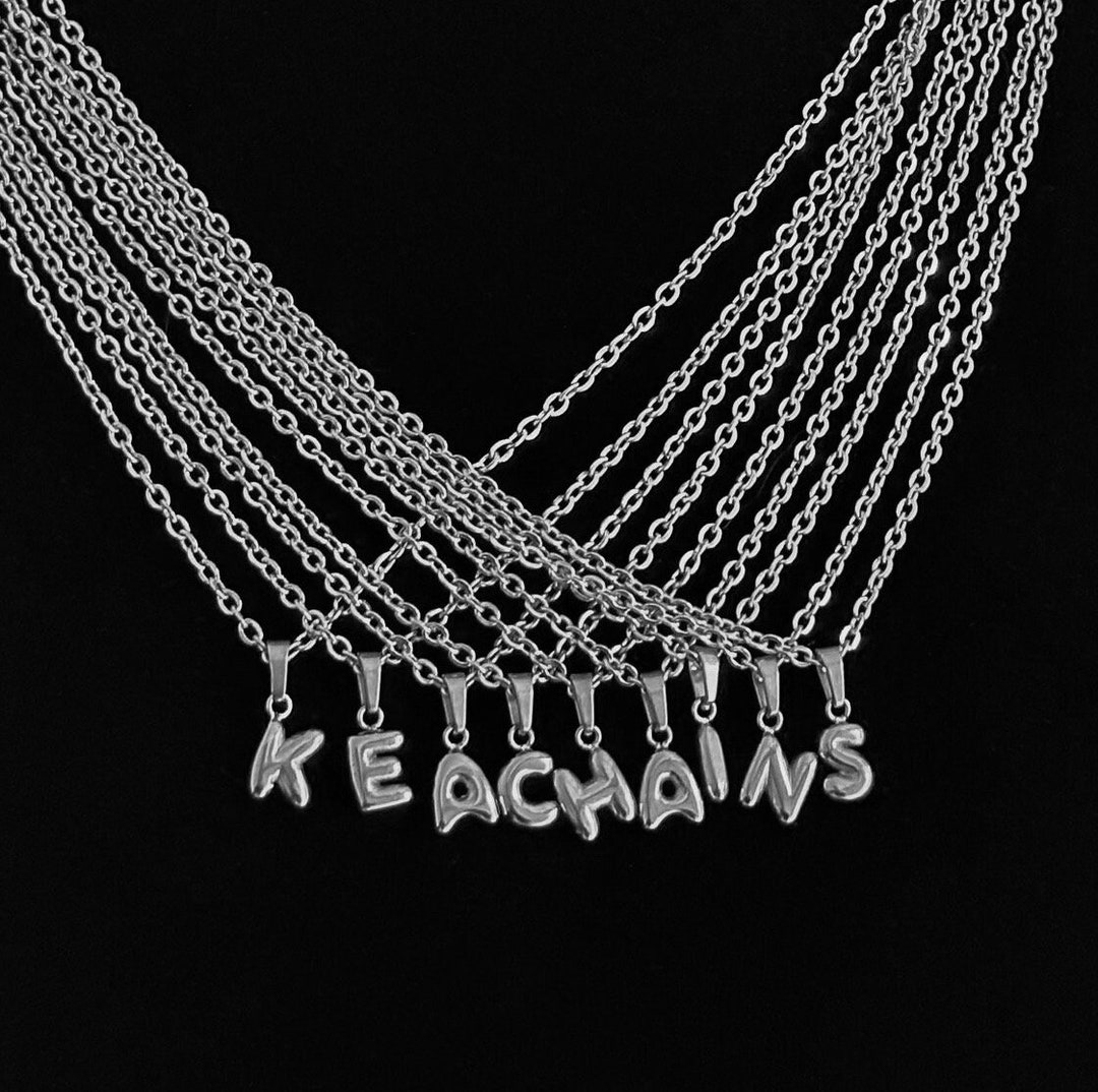 Mini Bubble Letter Silver Steel Chain Necklace Puffy Initial Stainless ...