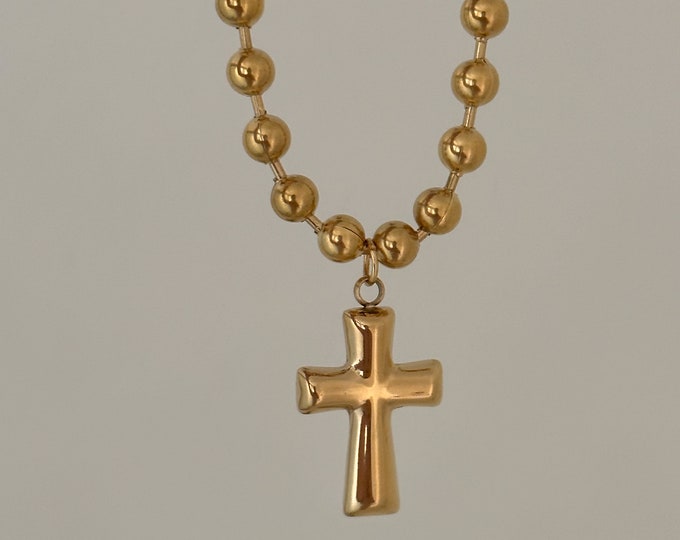 Puffy Cross Oversized Ball Chain Necklace 18k Gold Stainless Steel ...
