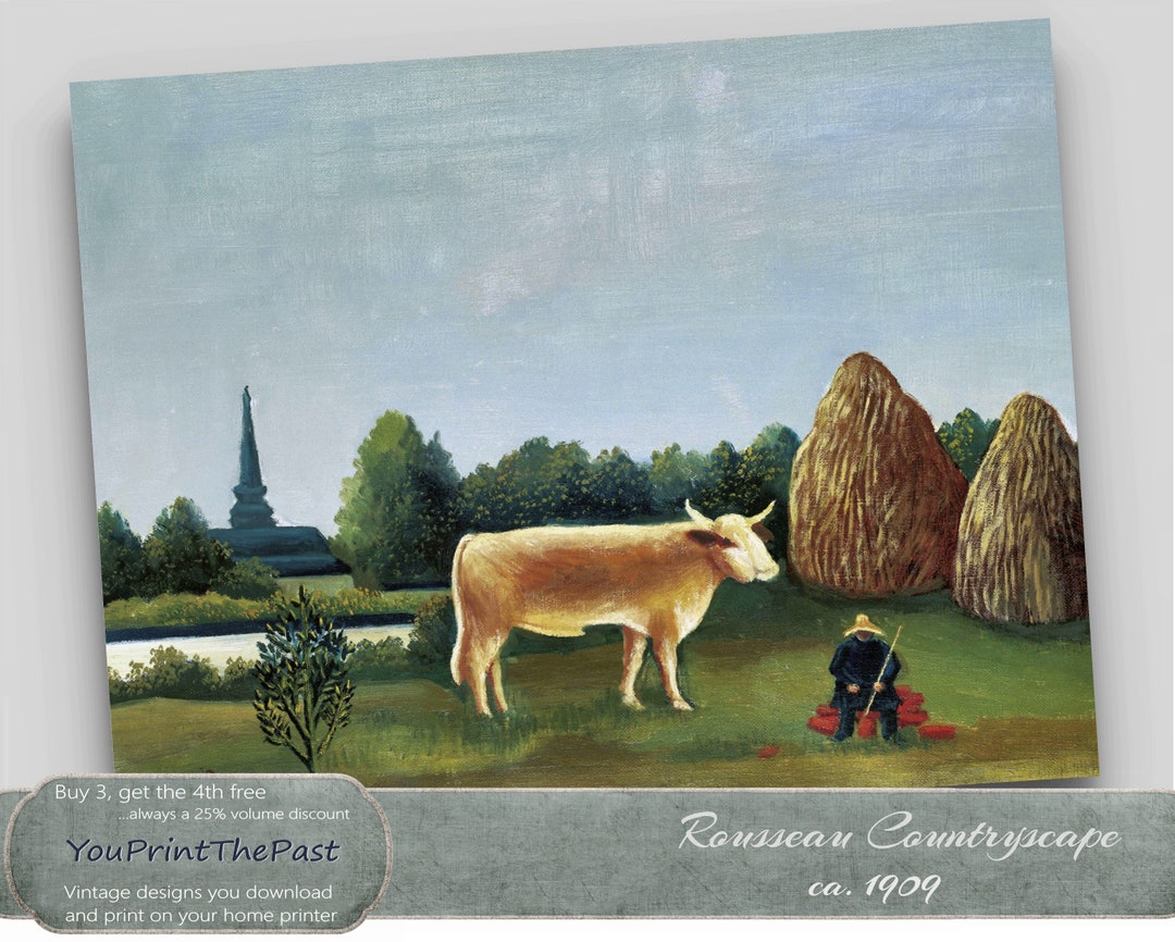 Vintage Rousseau Farm Painting to Print. Classic Painting Bull in ...