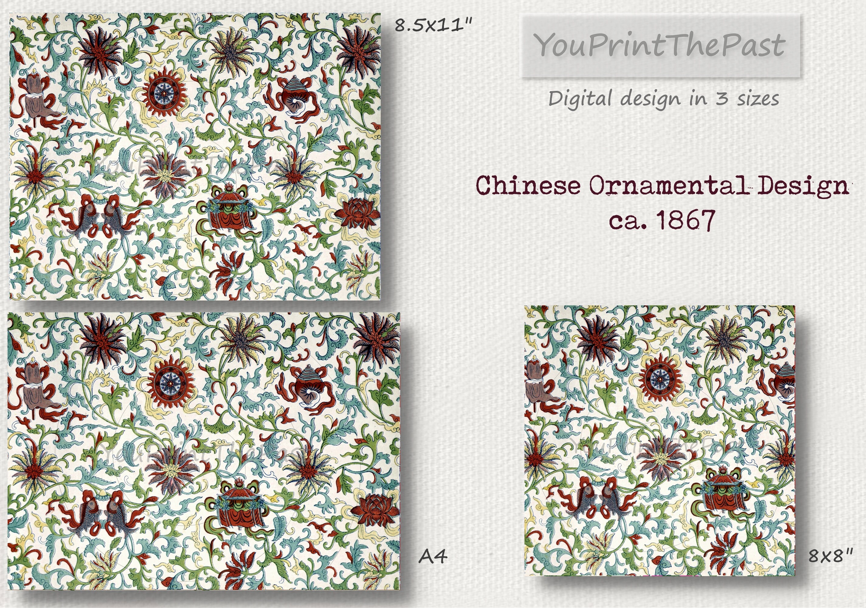 Antique Floral Digital Paper. Printable Vintage Chinese Ornamental ...
