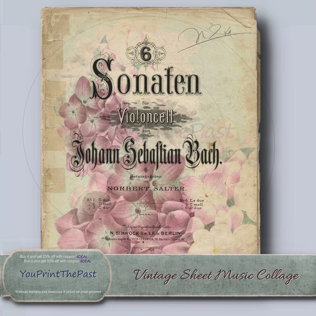 Antique Bach Sheet Music Cover, 8x10" & A4 Image. Printable Ephemera ...
