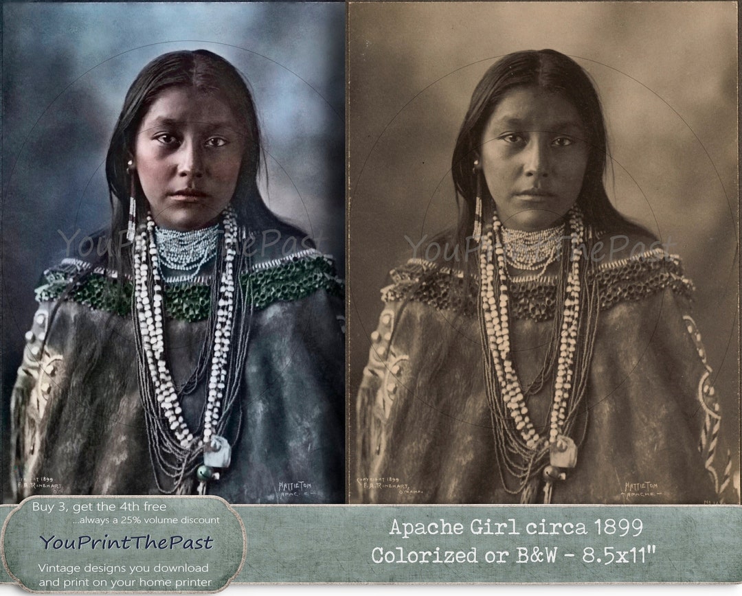 Apache Girl Color & B/W Portrait Circa 1899. 8.5x11" Ephemera to Print ...