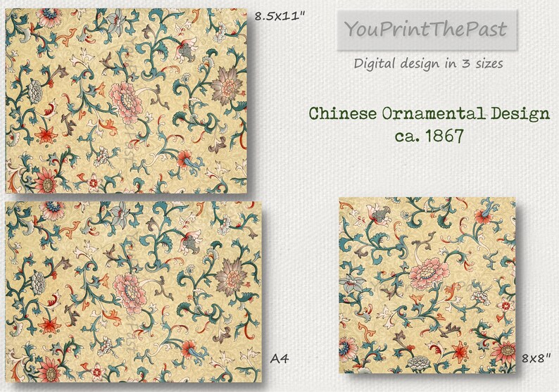Antique Floral Digital Paper. Printable Chinoserie. 3-size Vintage ...