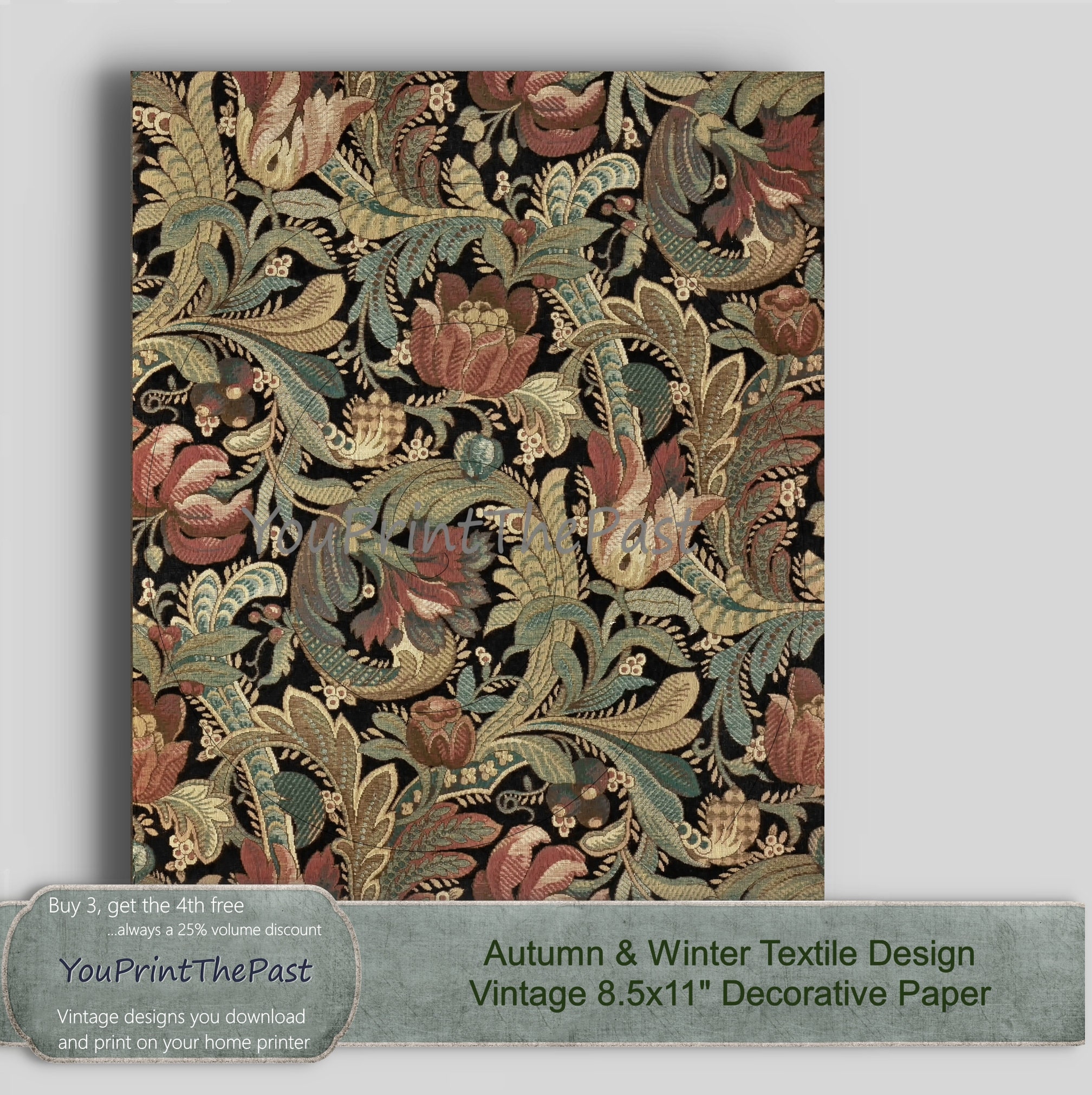 Antique Dark Floral Decorative Paper. Printable Vintage Textile Design ...